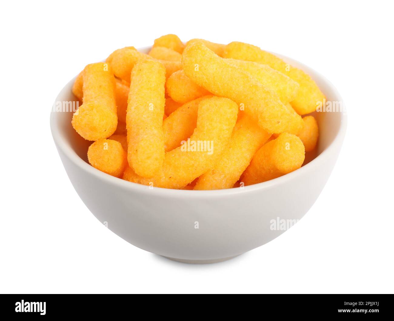 Many tasty cheesy corn puffs in bowl isolated on white Stock Photo - Alamy