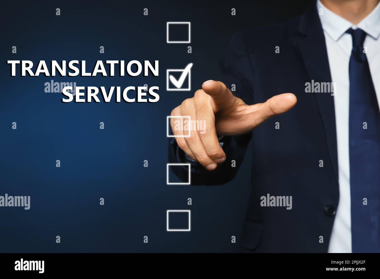Translation Services. Man pointing and checkbox on virtual screen ...