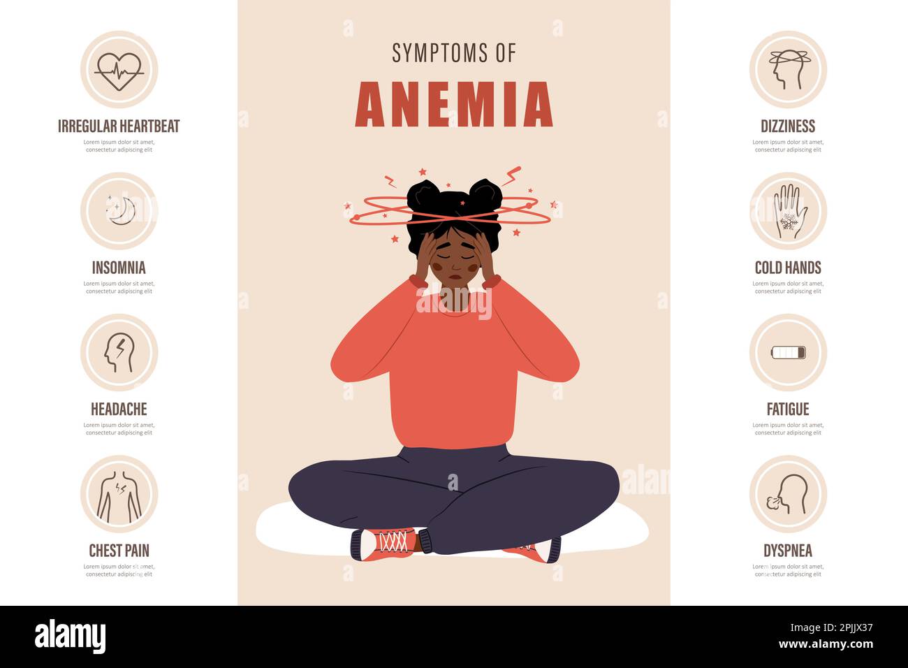 Symptoms of anemia poster. Sad african woman with dizziness. Headache ...