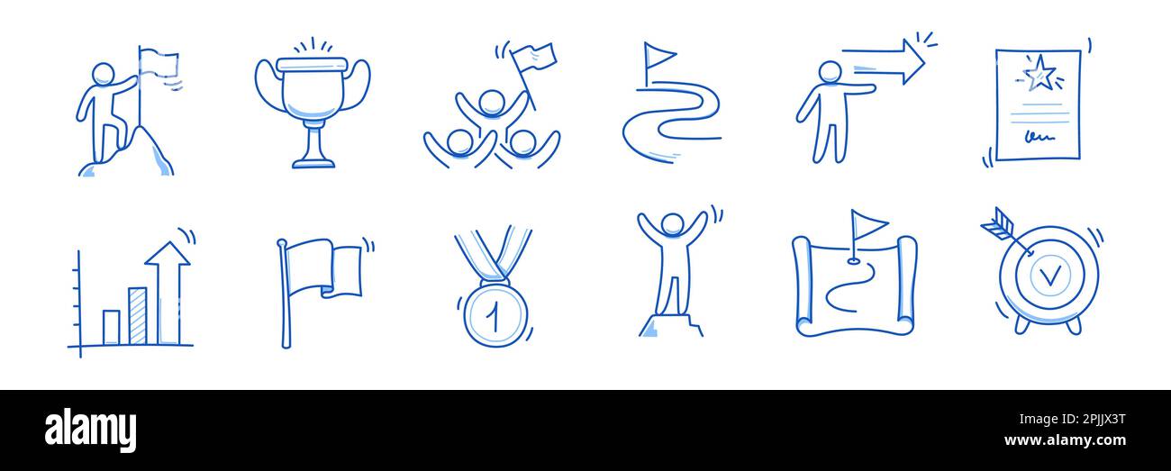 Success leader business doodle icons. Man with leadership flag doodle ...