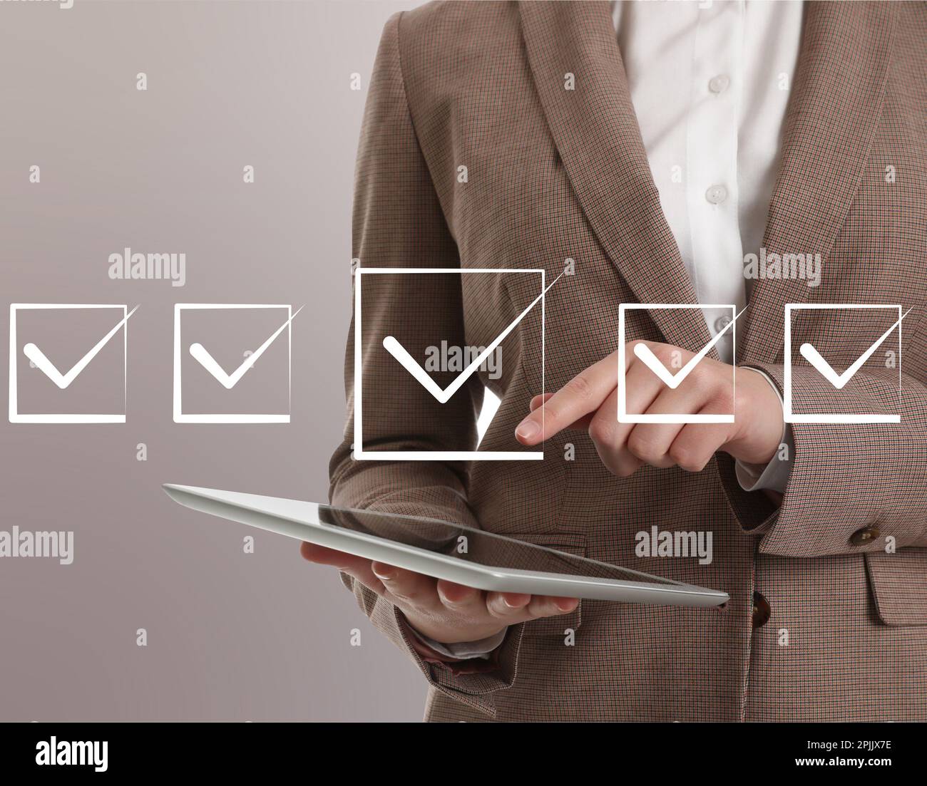 Illustration of check boxes with marks and woman using tablet on light ...