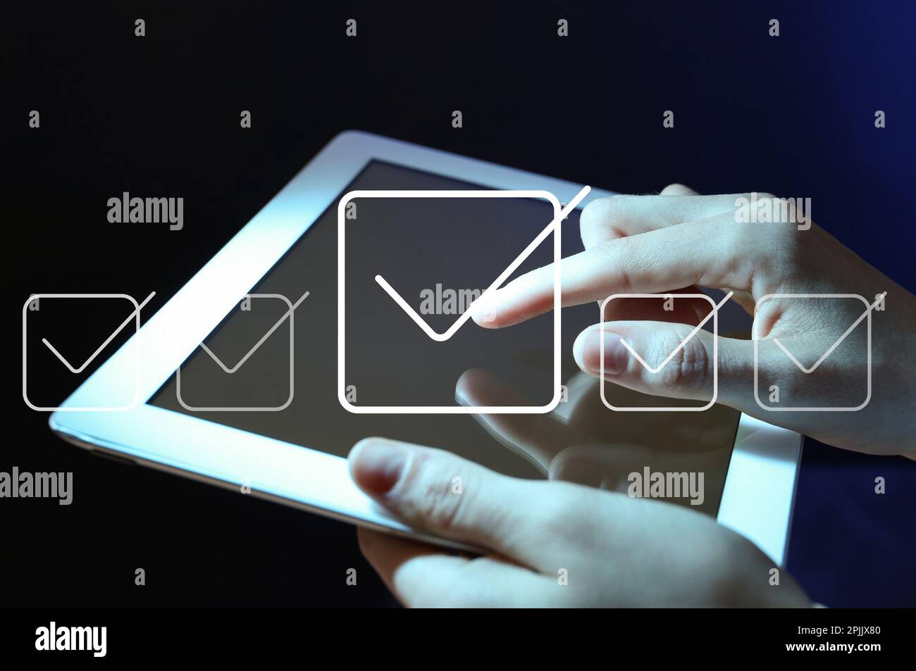Illustration of check boxes with marks and woman using tablet on dark ...