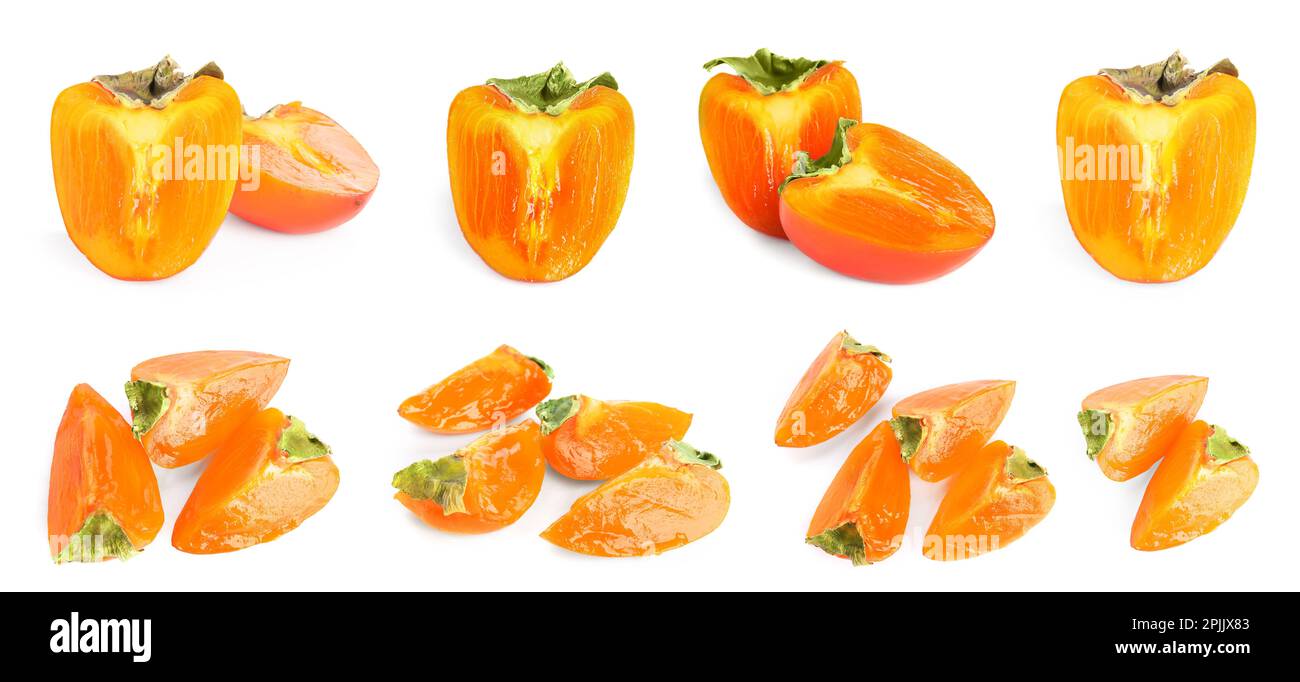 Set with sweet ripe persimmons on white background. Banner design Stock ...