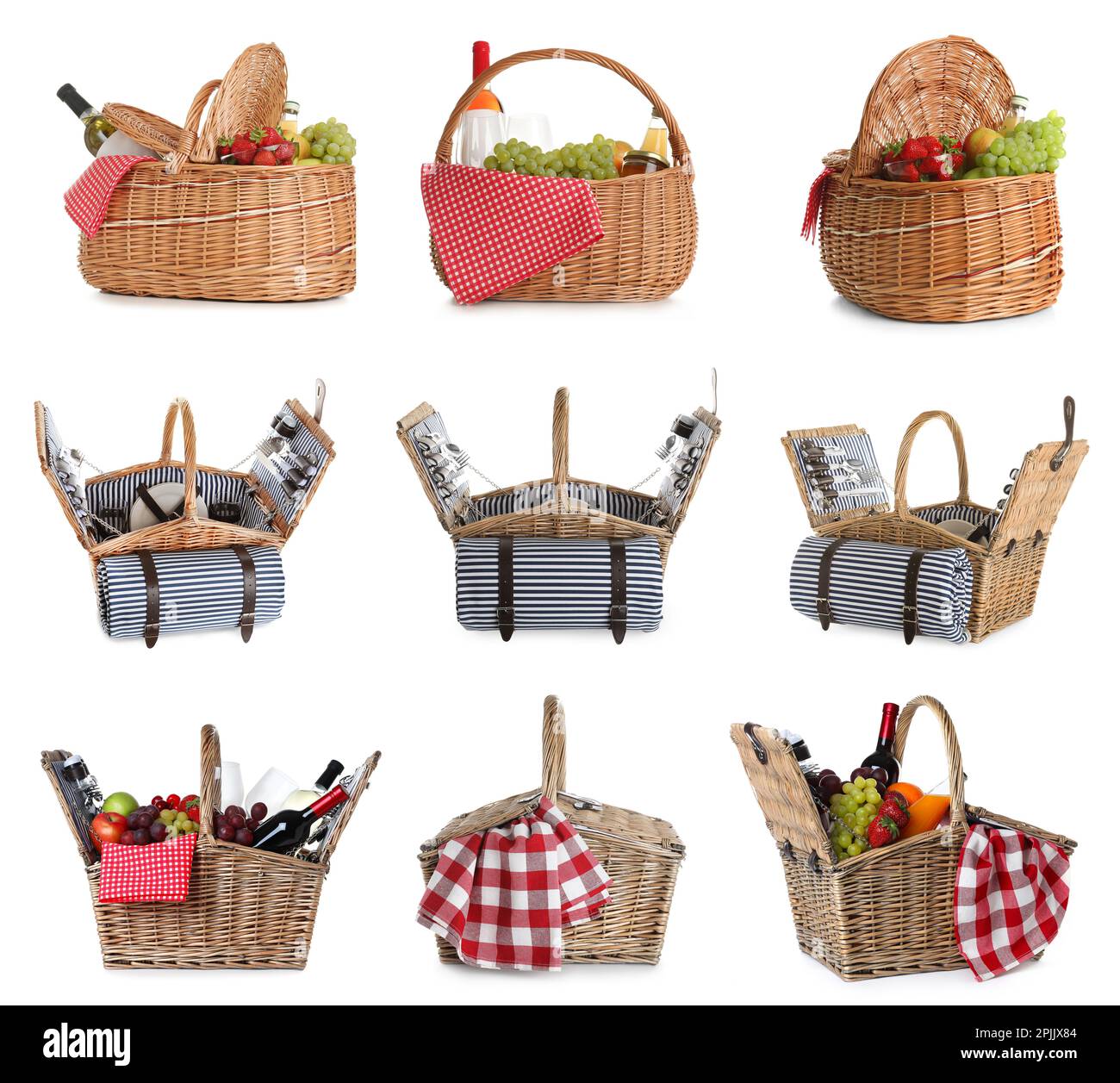 Set of wicker baskets with picnic essentials, wine and different ...
