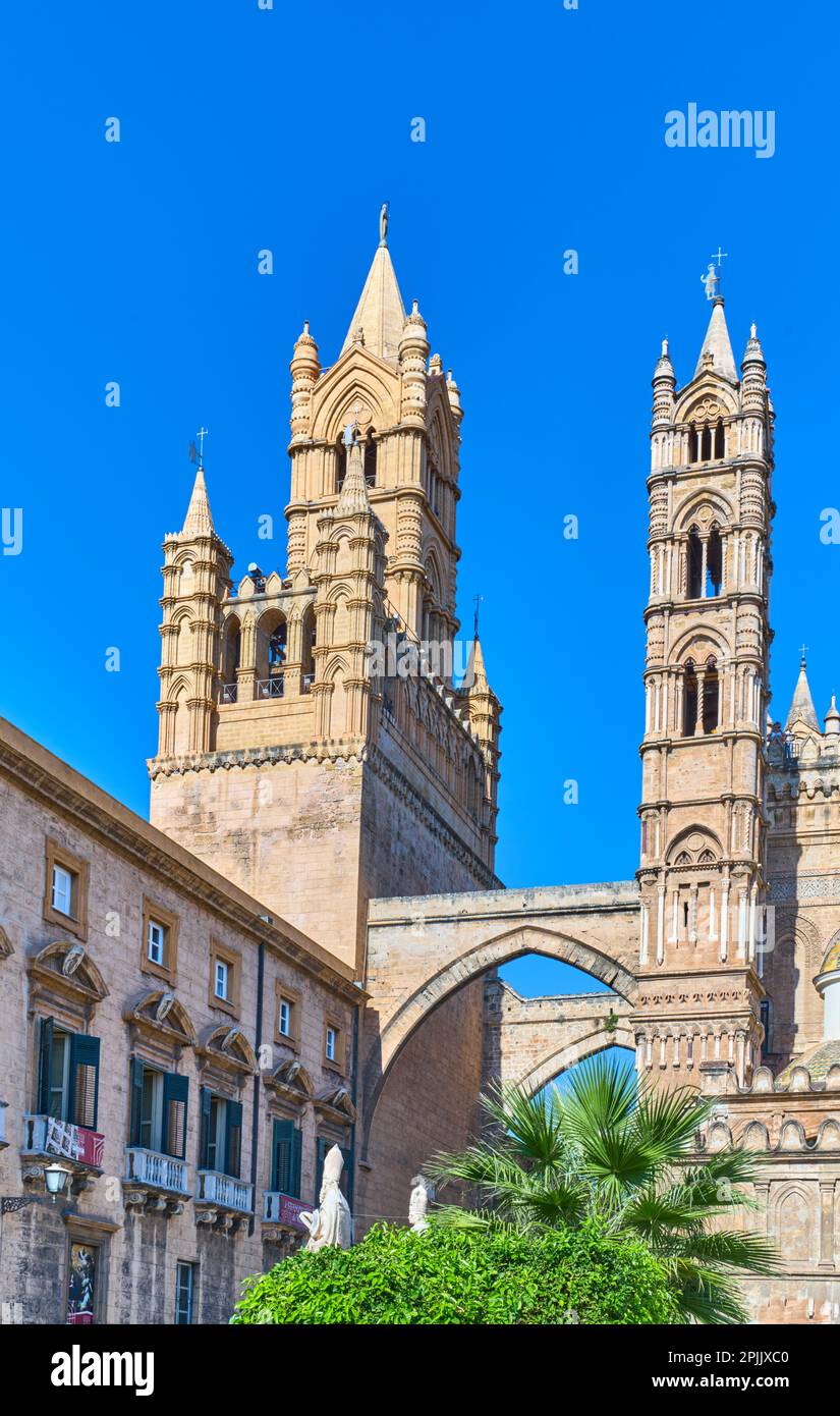 Italy, Palermo, view of the towers of the Primatial Metropolitan ...