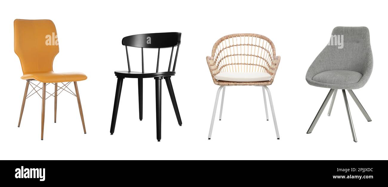 Set with different stylish chairs on white background. Banner design ...