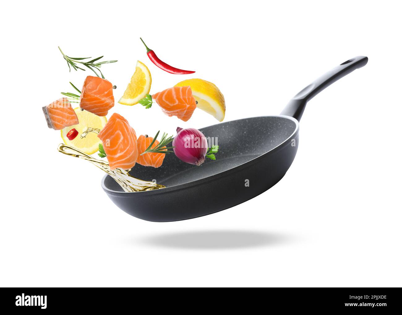 Tasty fresh ingredients and frying pan on white background Stock Photo ...