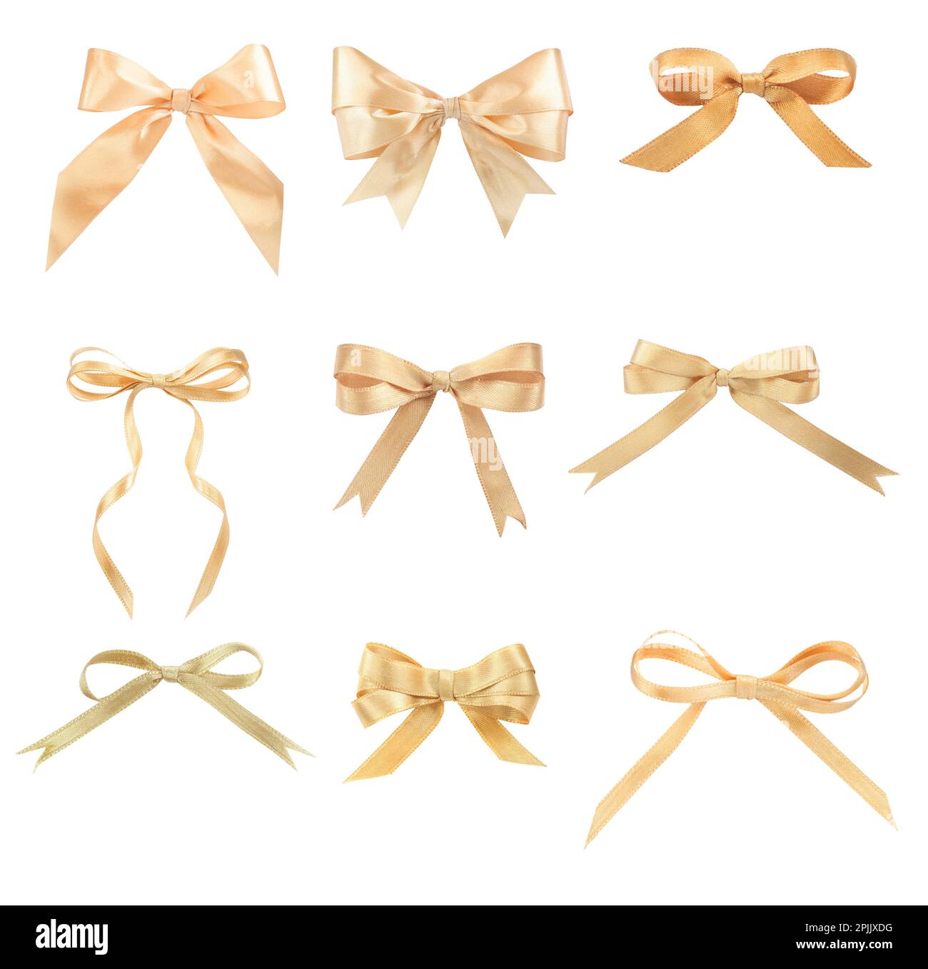 Set with beautiful golden bows on white background Stock Photo - Alamy
