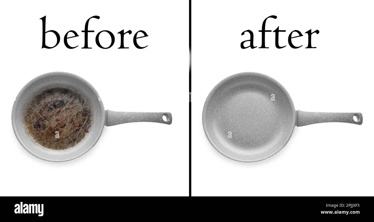 Frying pan before and after cleaning on white background, collage Stock ...