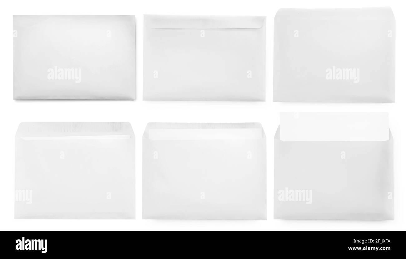 Set with blank paper envelopes on white background Stock Photo - Alamy