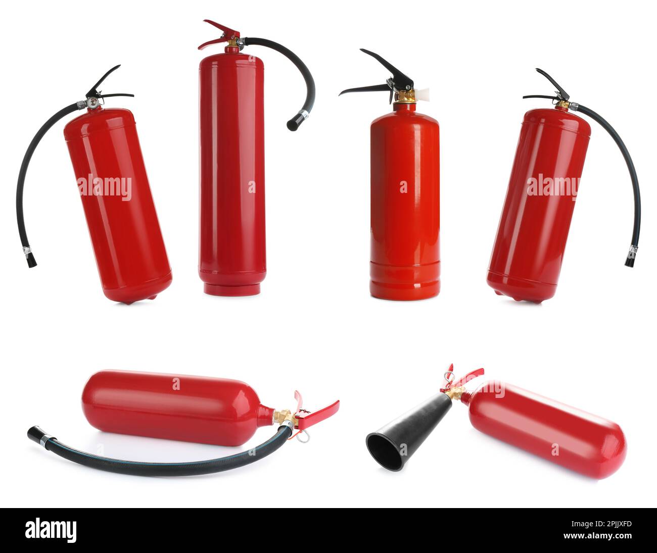Set with fire extinguishers on white background Stock Photo - Alamy