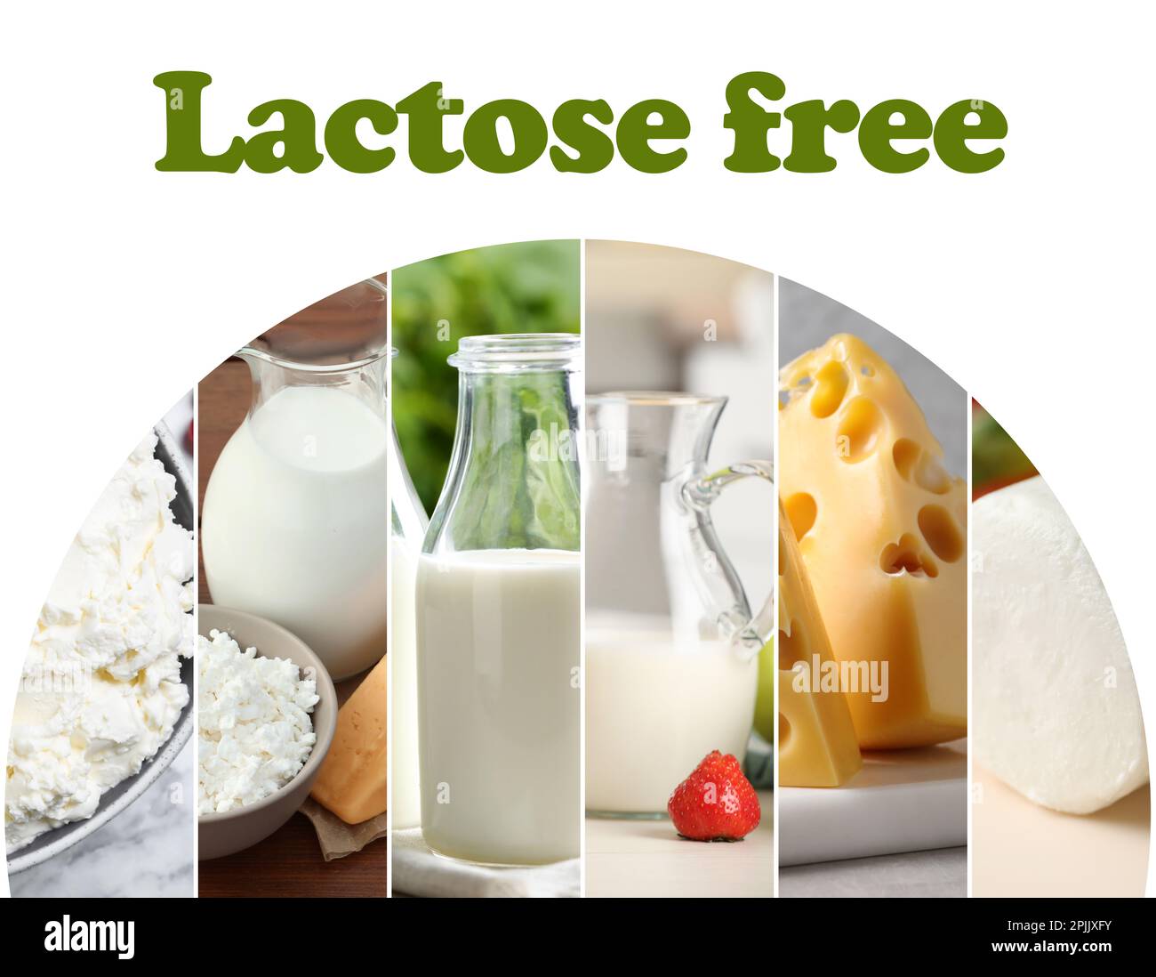 Collage with photos of lactose free dairy products on white background ...