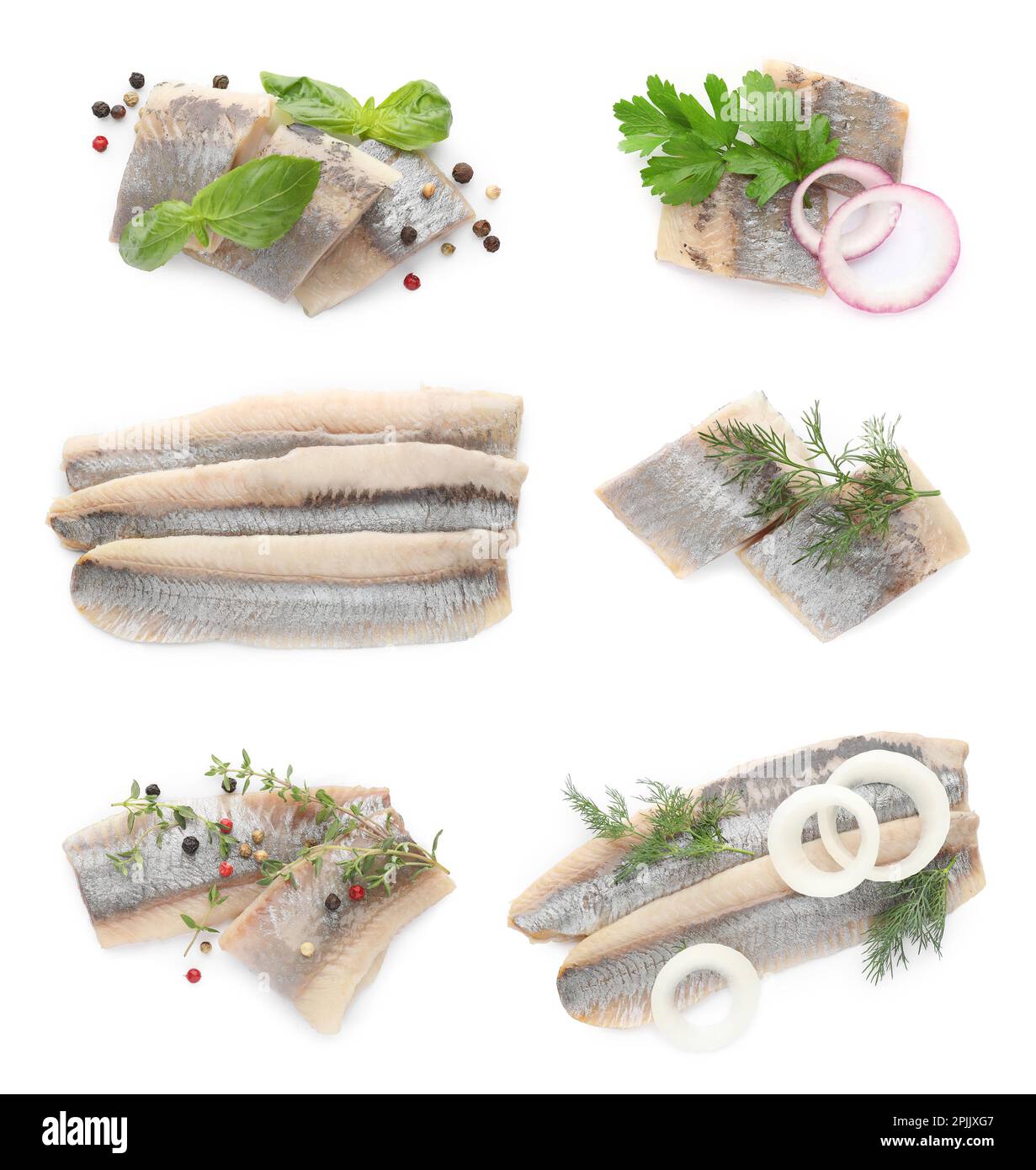 Set with delicious salted herring fillets on white background, top view ...