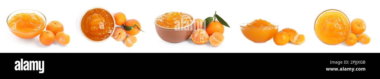 Set with tasty tangerine jam and fresh fruits on white background ...