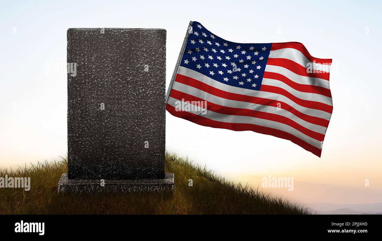 Tombstone with an American flag on the cemetery. Memorial day concept ...