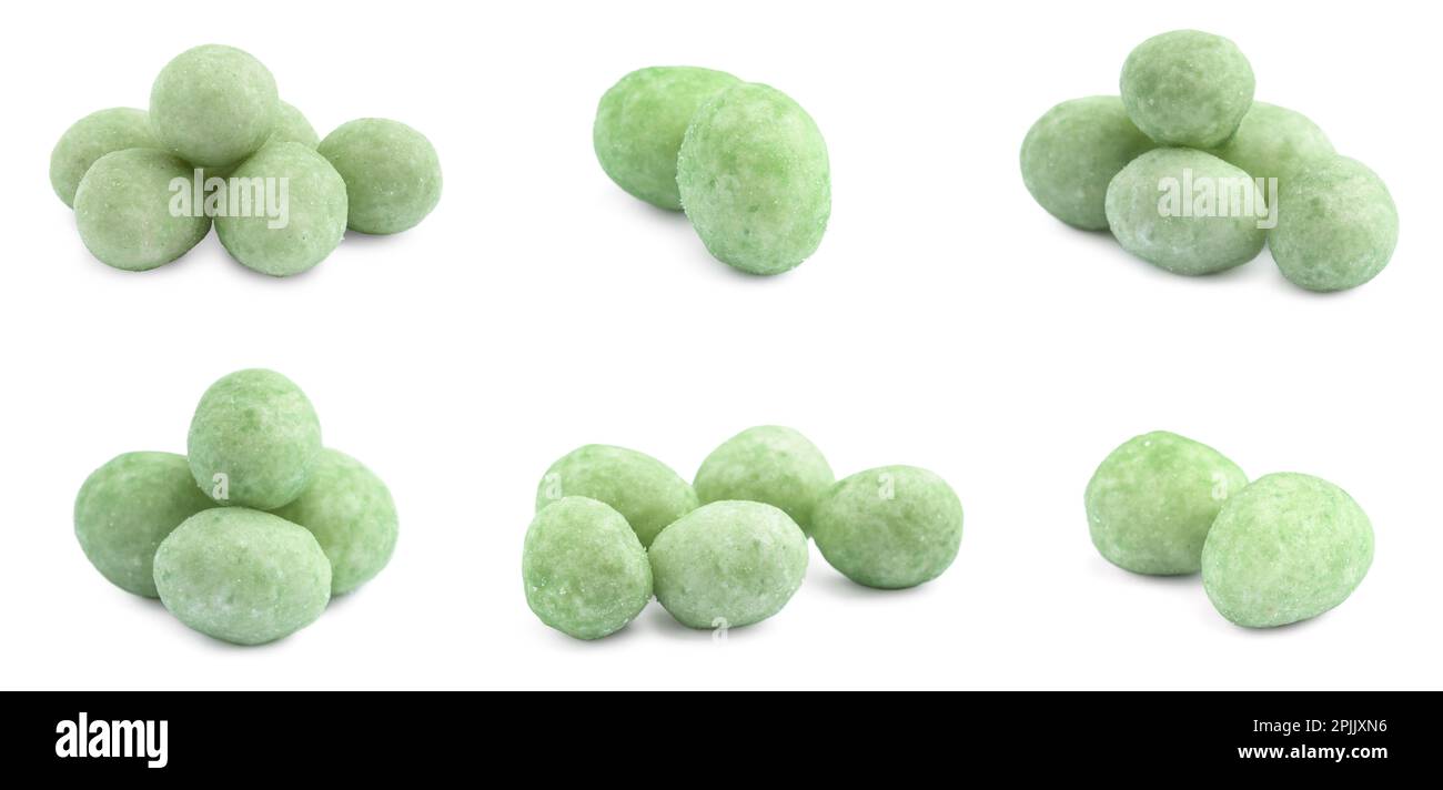 Set with spicy wasabi coated peanuts on white background. Banner design ...