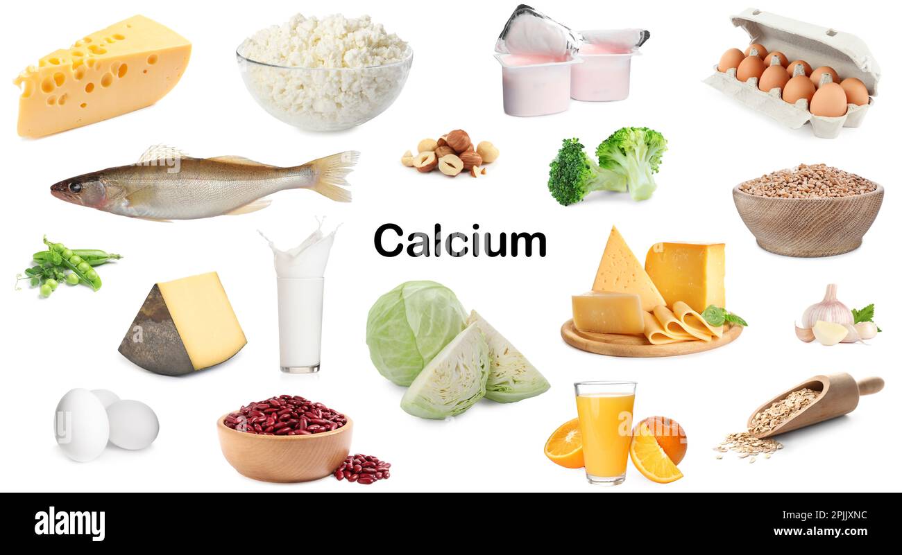 Many different fresh products containing calcium on white background ...