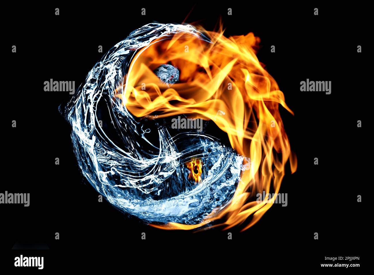 Fire flames and water splashes resembling Yin Yang symbol on black ...