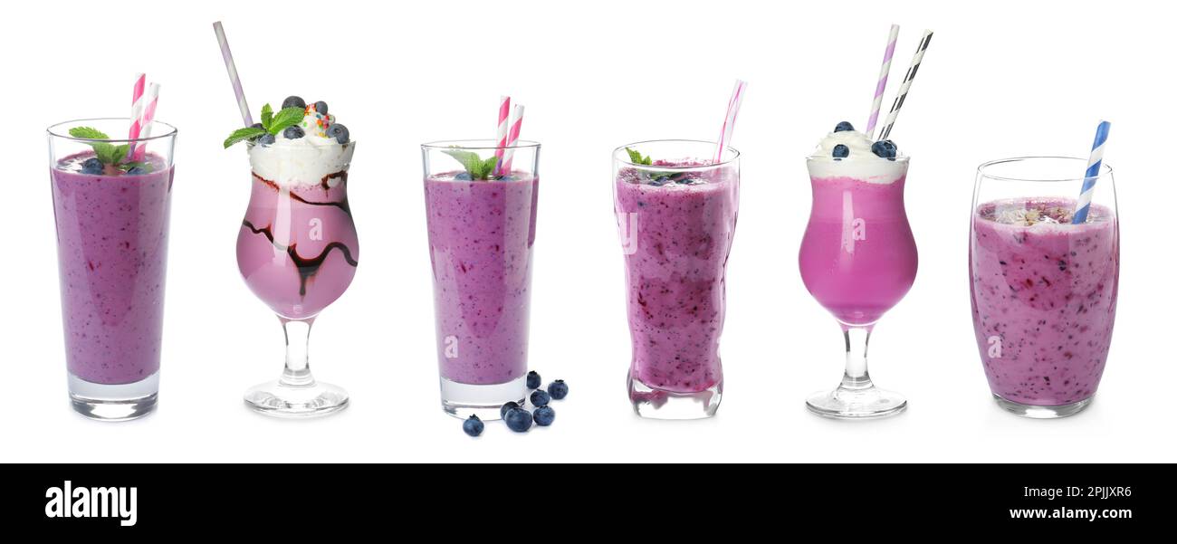 Set with delicious blueberry smoothies on white background. Banner ...