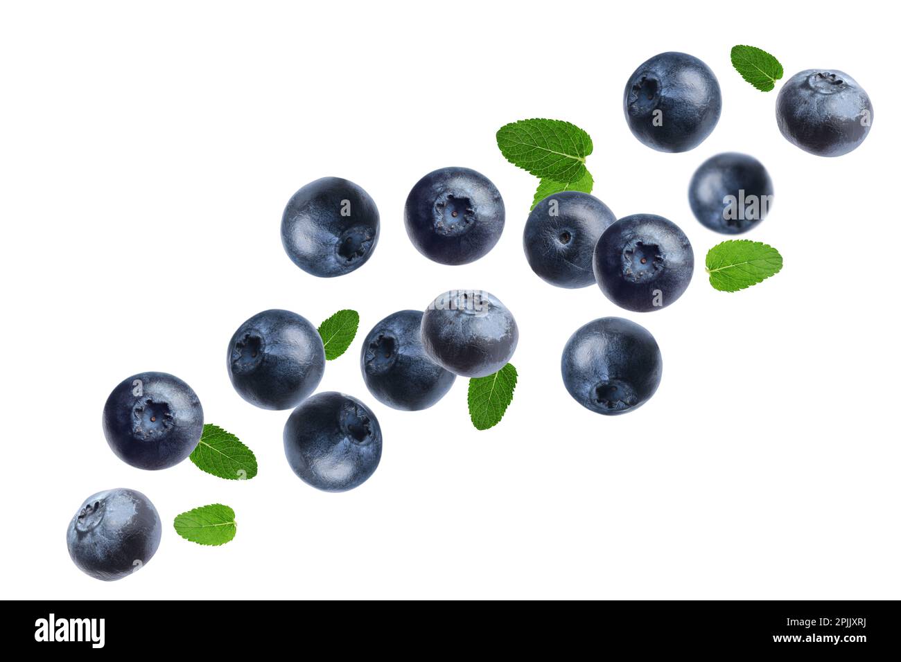 Tasty ripe blueberries with green leaves flying on white background ...
