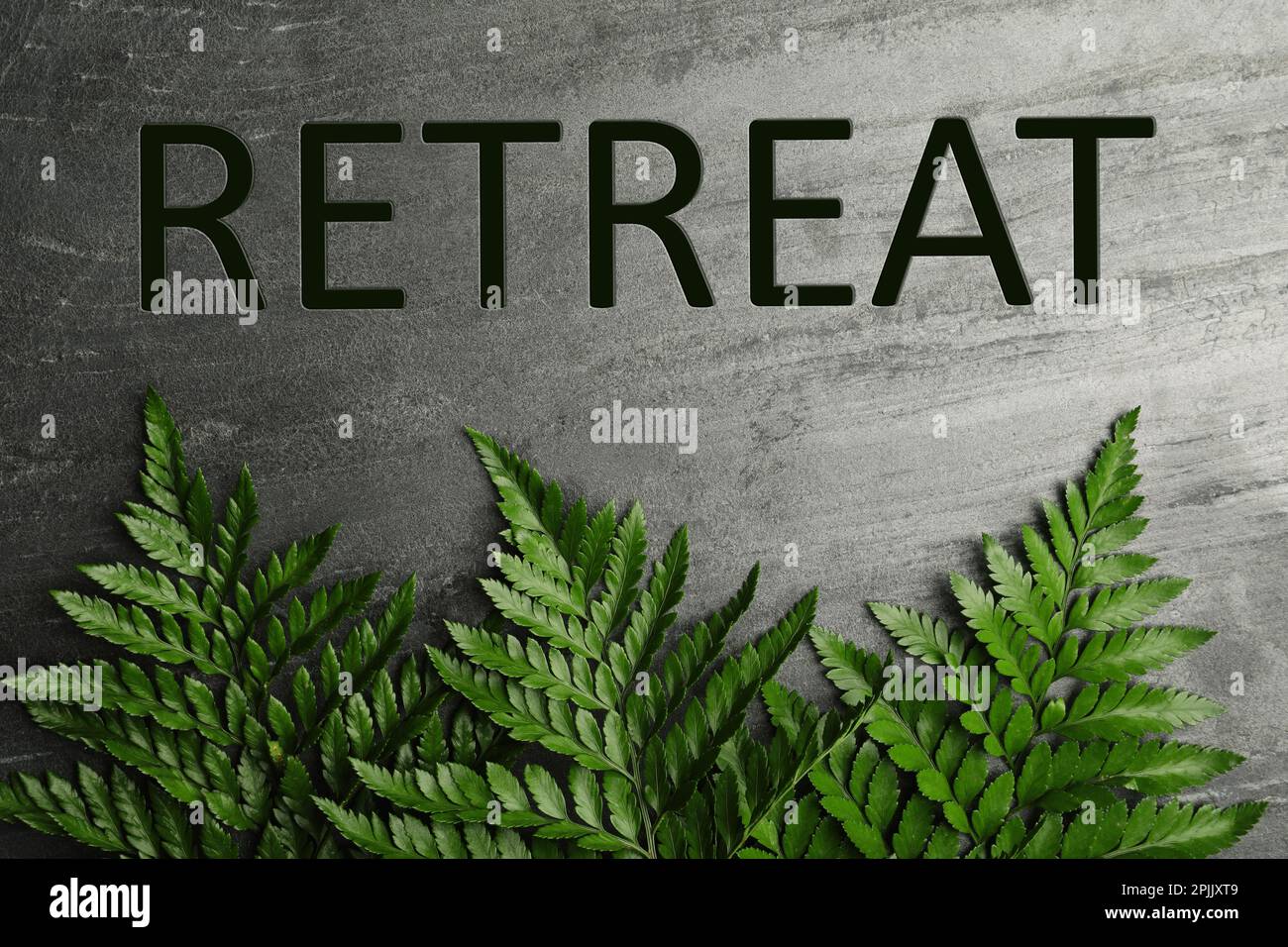 Beautiful fern leaves and word Retreat on grey stone background, flat ...