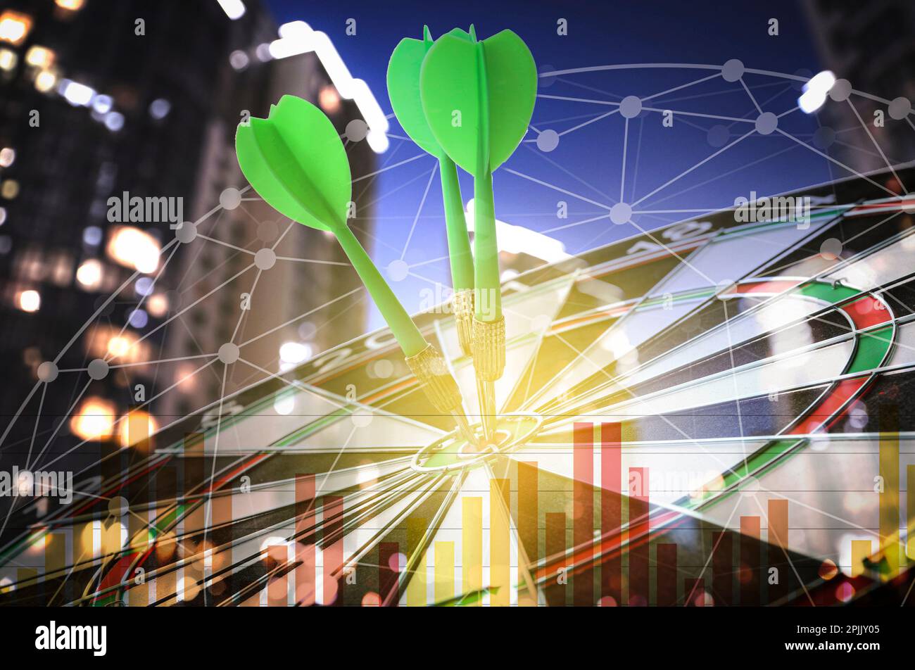 Darts hitting target on board, graph illustration and blurred of view ...
