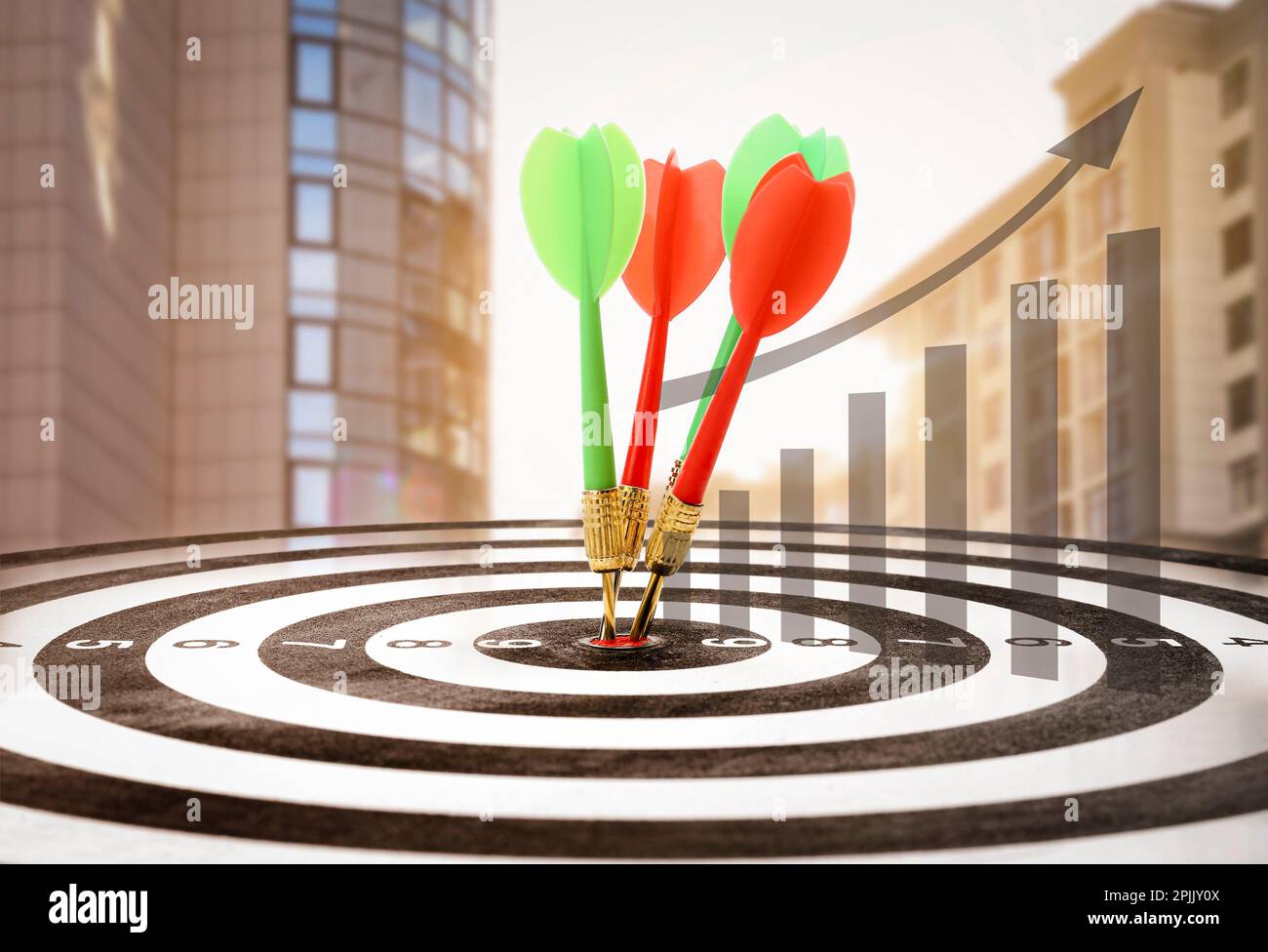 Darts hitting target on board, illustration of graph and blurred of ...