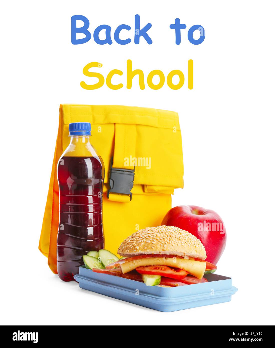 Lunch box with appetizing food, bottle of drink and bag on white ...