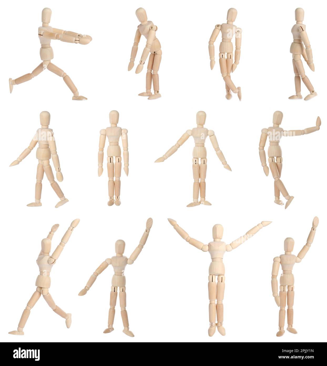 Set with wooden human models in different poses on white background ...
