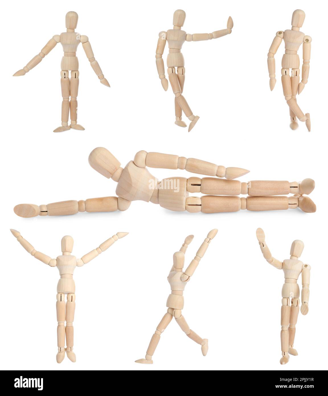 Set with wooden human models in different poses on white background ...