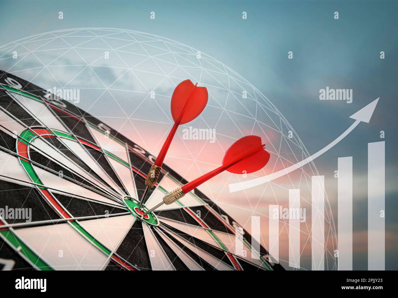 Darts hitting target on board, illustration of graph and blurred of ...