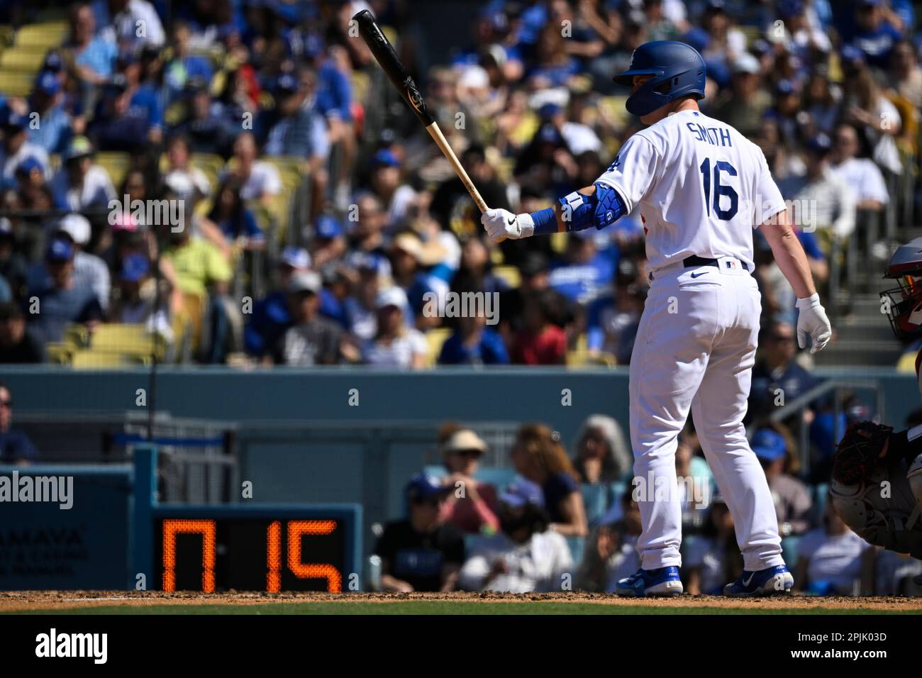 Los Angeles Dodgers' Will Smith bats during the eighth inning of a ...