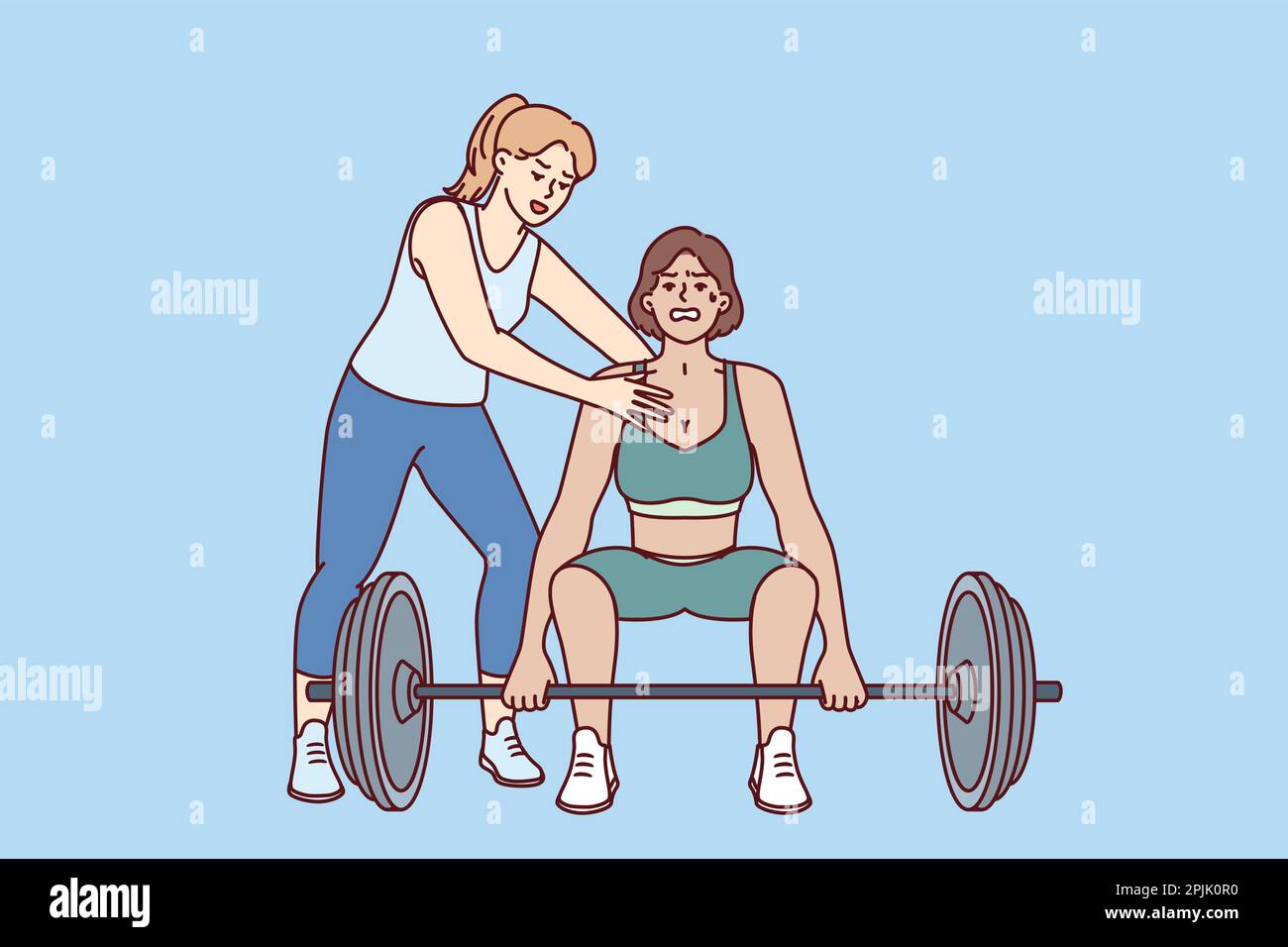 Strong athlete lifts heavy barbell under supervision of personal ...