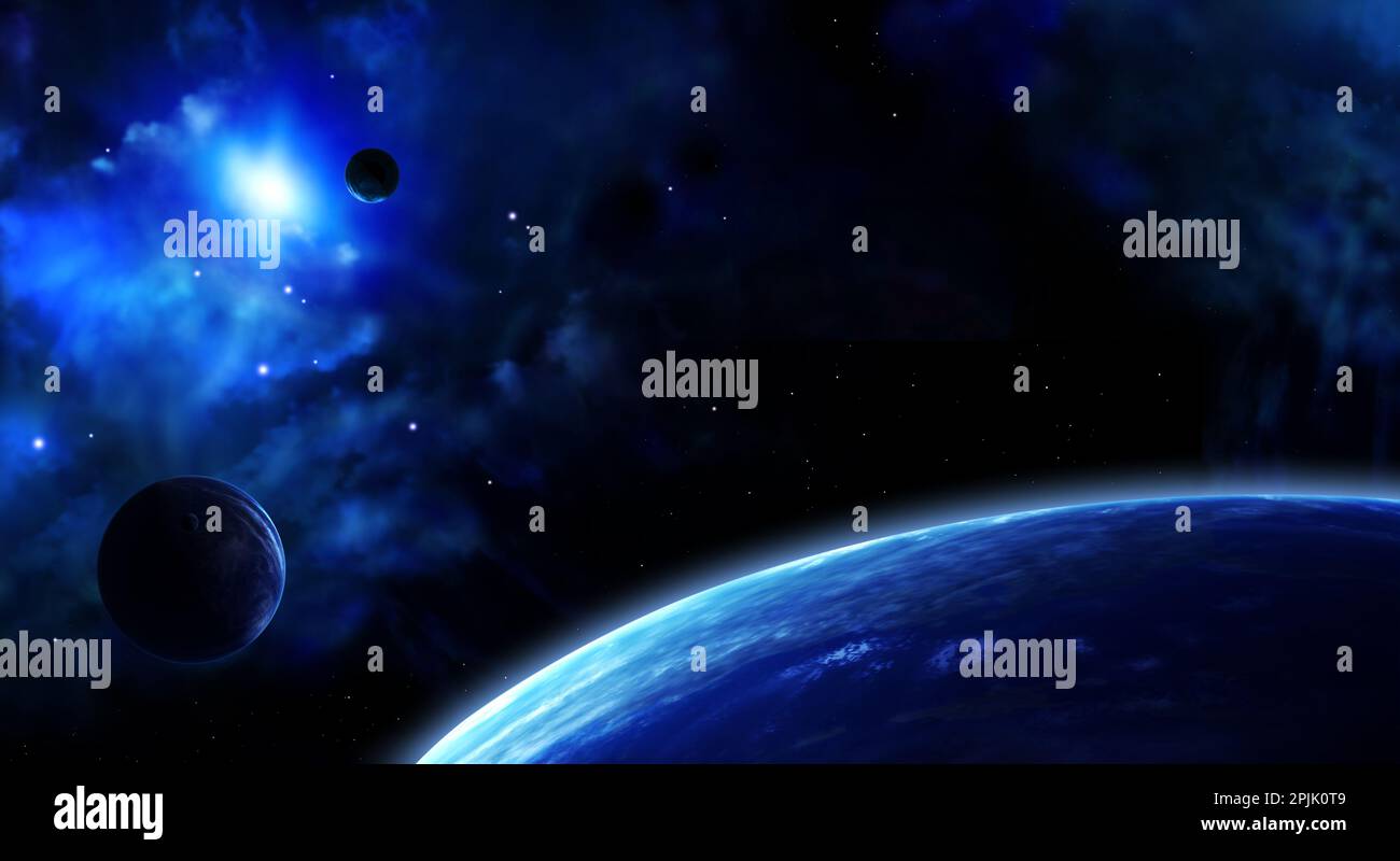 Horizontal galaxy banner. A beautiful space scene with sun, planets and ...