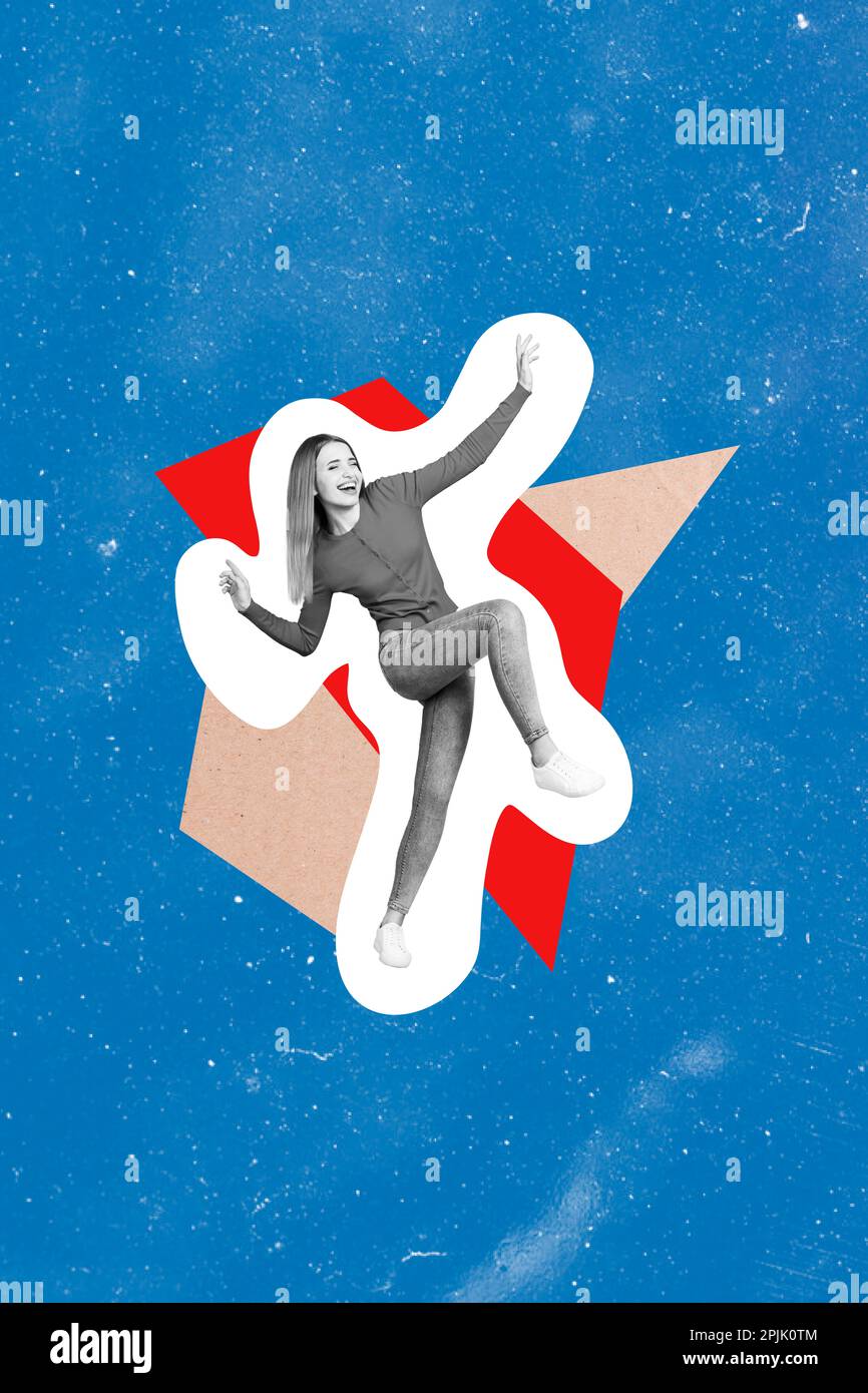 Vertical photo collage sketch template of positive satisfied girl ...