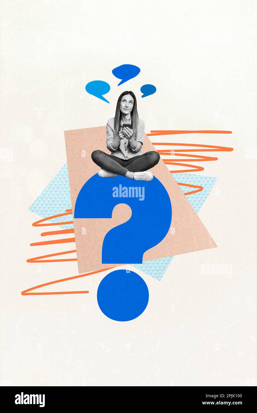 Vertical photo collage of smart thoughtful minded woman sitting on ...