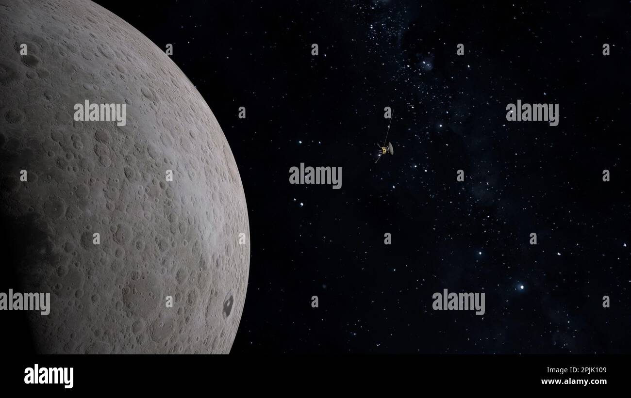 Space probe flying near the Moon. Space exploration Stock Photo - Alamy