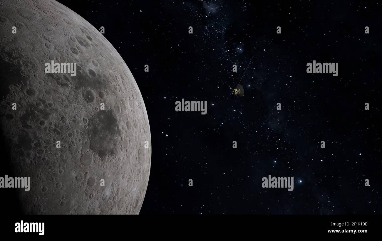 Space probe flying near the Moon. Space exploration Stock Photo - Alamy