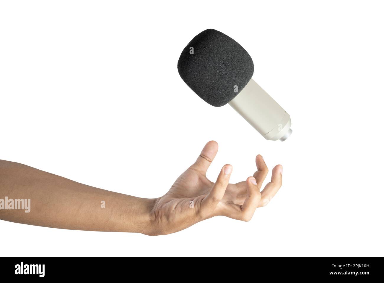 A human hand with a microphone isolated over white background Stock ...