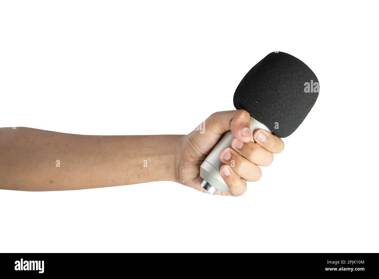 A human hand holding a microphone isolated over white background Stock ...
