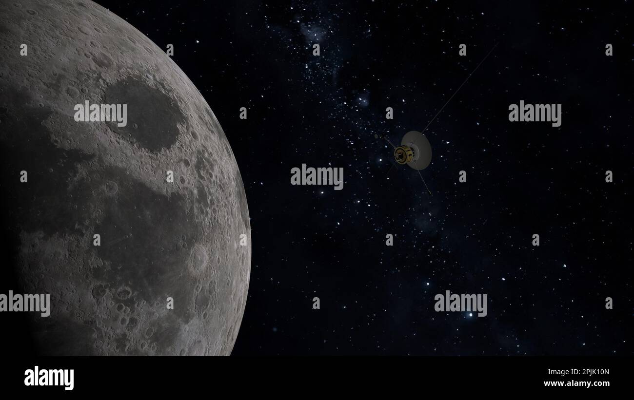 Space probe flying near the Moon. Space exploration Stock Photo - Alamy