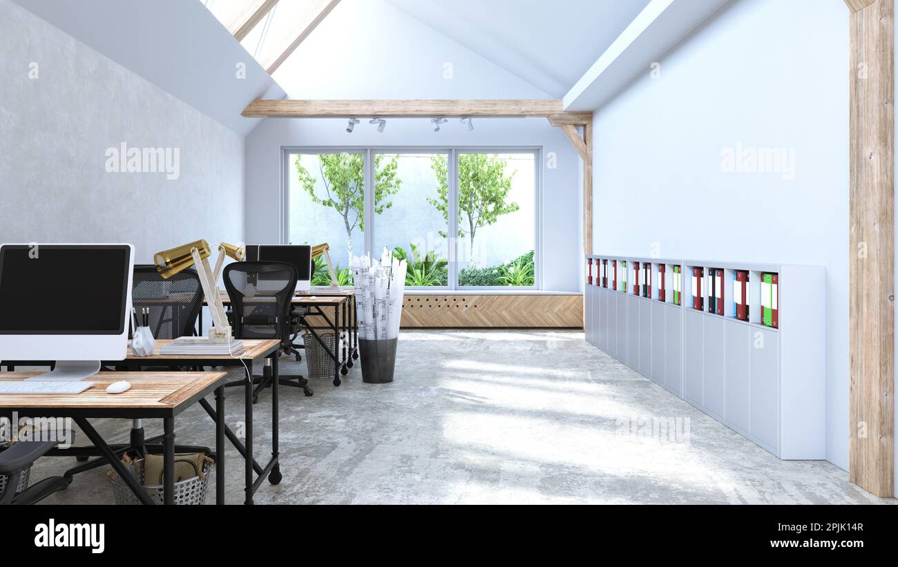 3D project of office space interior. Illustration of workspace Stock ...