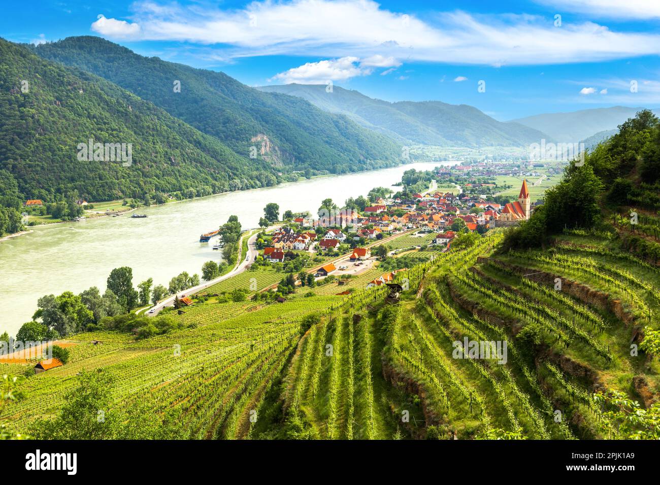 Scenic spring view to Wachau valley with the river Danube and town ...