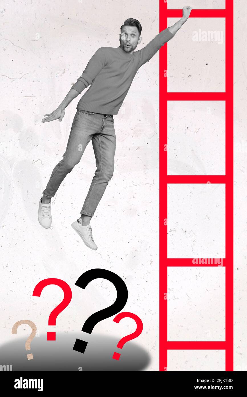 Composite artwork designed collage of young funny excited man climbing ...