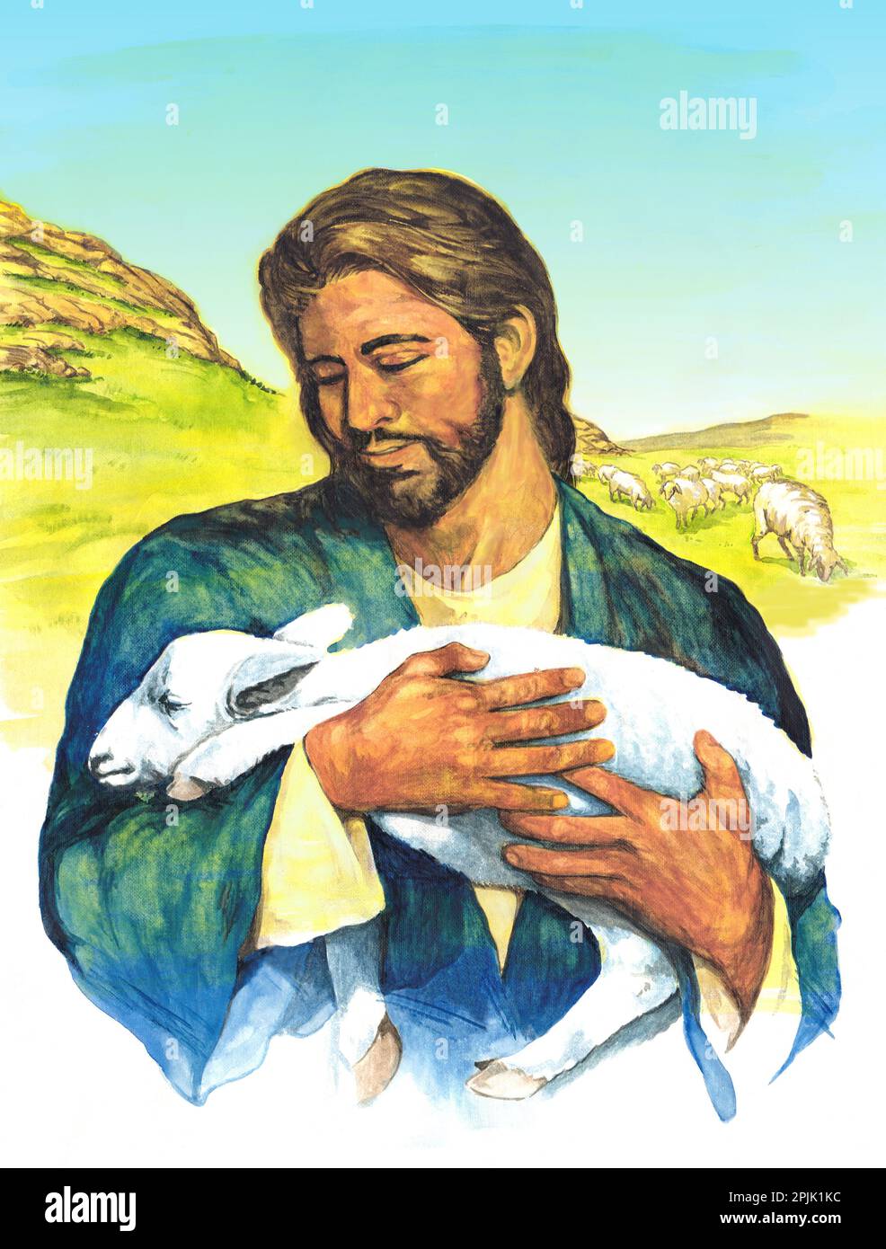 Hand drawn illustration of Jesus, the shepherd and lamb Stock Photo - Alamy