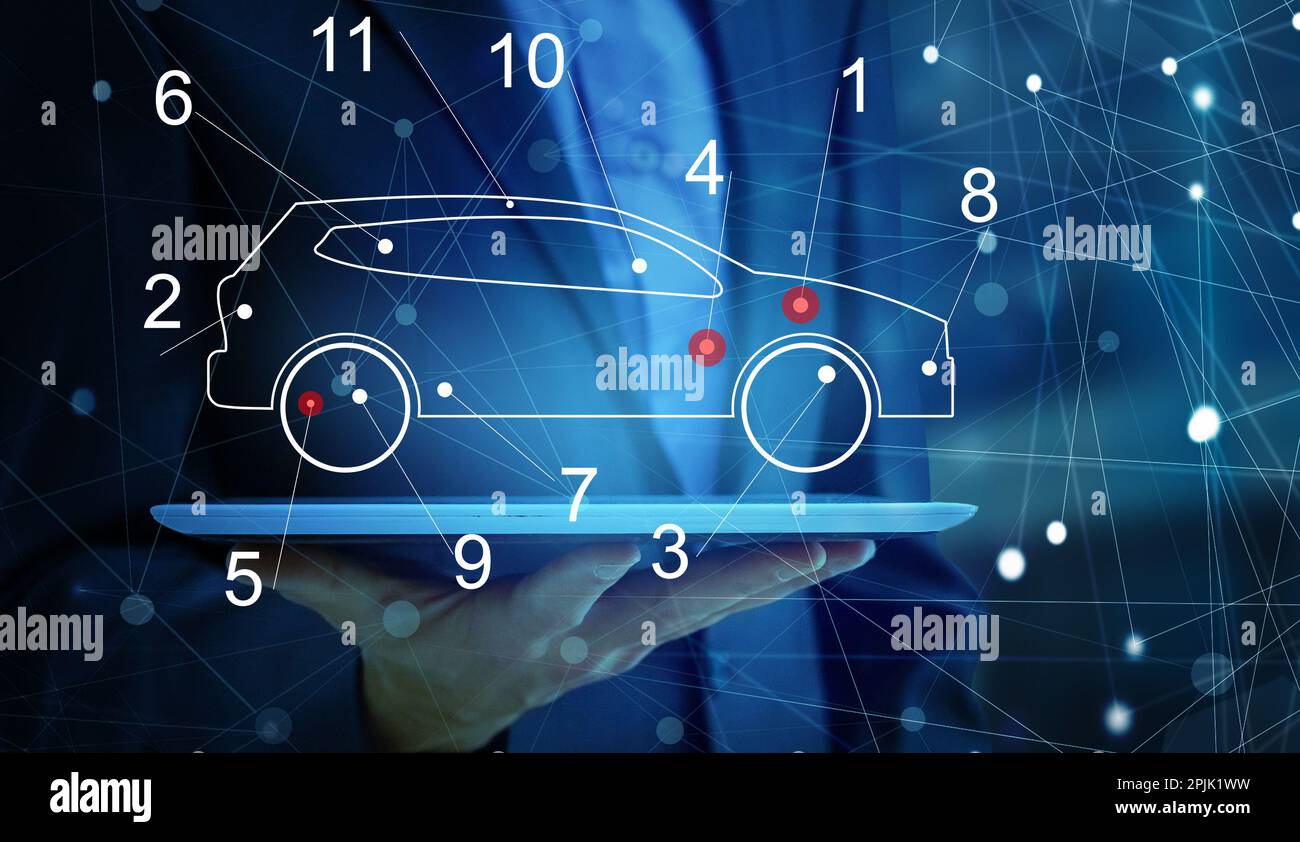 Technology fix car repair on car Lift in garage dealership Fix the car ...