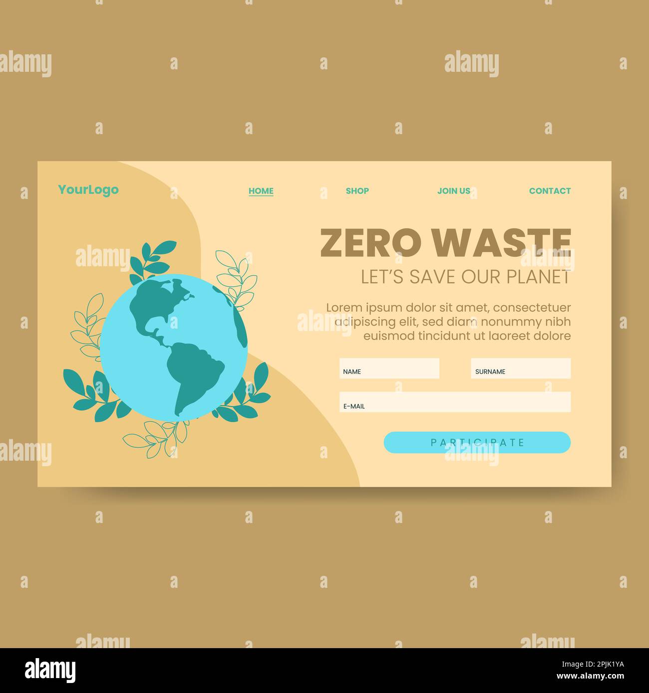 Earth globe with green leaves with text Zero Waste on a landing page ...