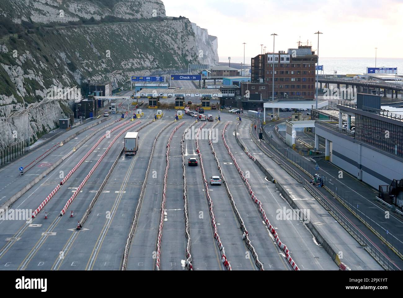 A view of the check-in lanes at the Port of Dover in Kent after a ...
