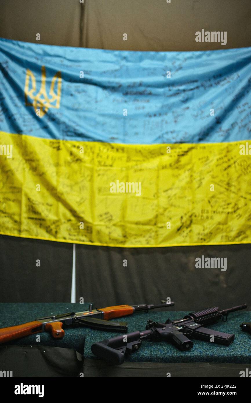 April 2, 2023, Lviv, Lviv region, Ukraine: A set of weapons on a table ...