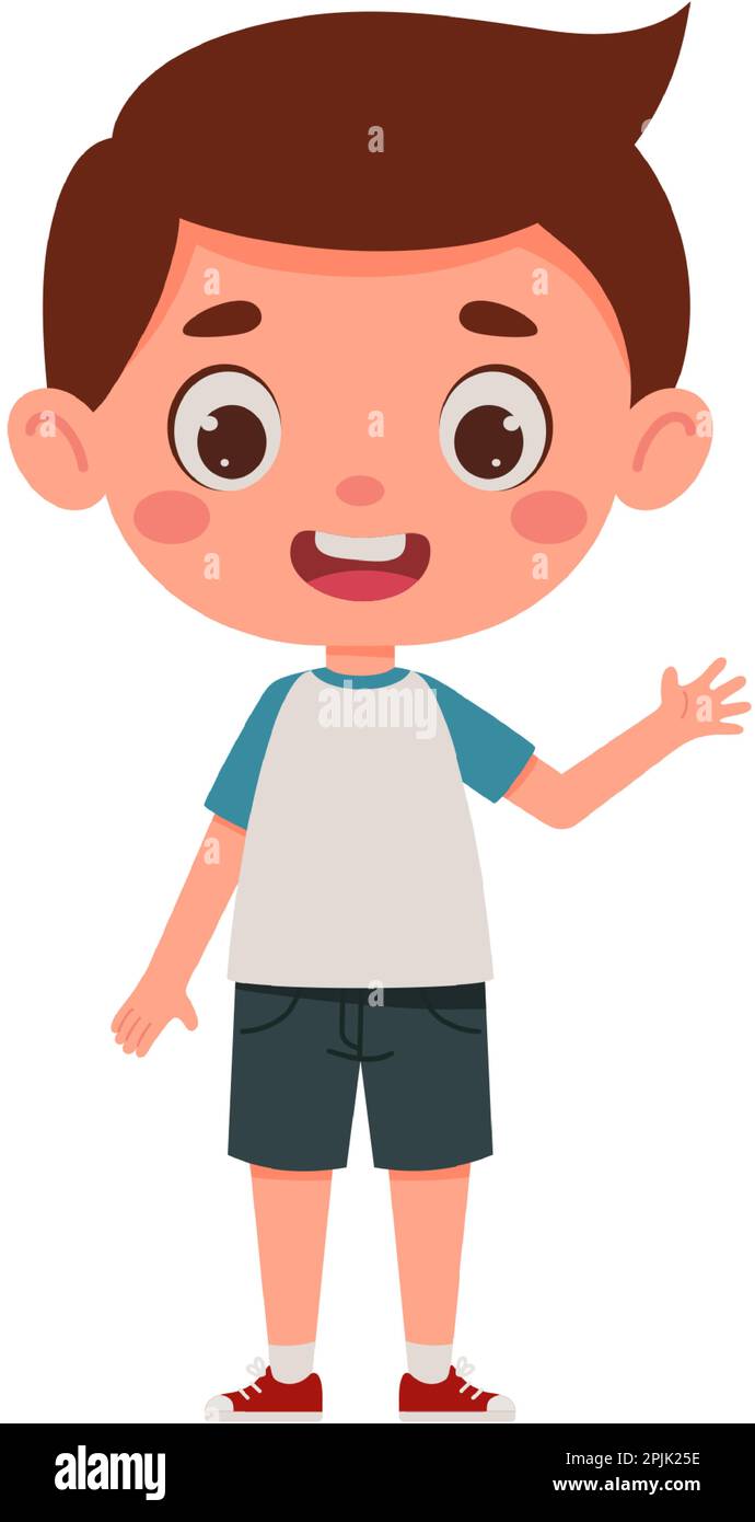 Cute cartoon little boy waving his hand. Little schoolboy character ...